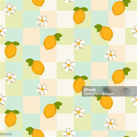 부드러운 파스텔 체크 무늬 배경에 레몬과 꽃이 있는 완벽 한 깅엄 패턴 여름 직물 주방 장식 또는 포장지를 위한 귀엽고 신선한 디자인 벡터 일러스트 레이 션 0명에 대한