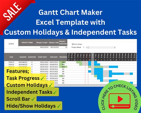 Gantt Chart Maker Excel Template With Custom Holidays And Independent Tasks Etsy