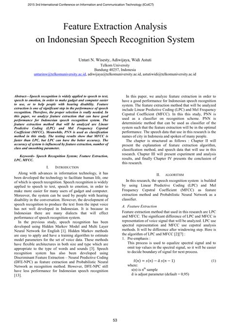 Pdf Feature Extraction Analysis On Indonesian Speech Recognition System