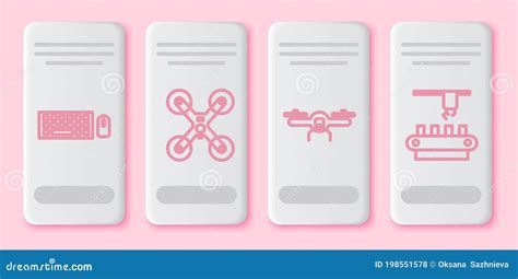 Set Line Keyboard And Mouse Drone Flying Drone Flying And Factory Conveyor System Belt White