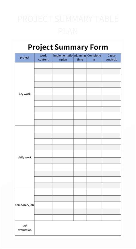 Project Summary Table Plan Excel Template And Google Sheets File For Free Download Slidesdocs