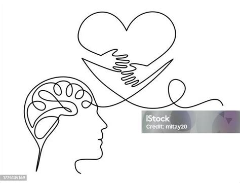 자원 봉사에 대해 생각하는 인간의 머리와 뇌의 지속적인 양식화 된 현대 그림 흰색 배경에 평면 벡터 선형 그림입니다 하트 모양에 대한 스톡 벡터 아트 및 기타 이미지