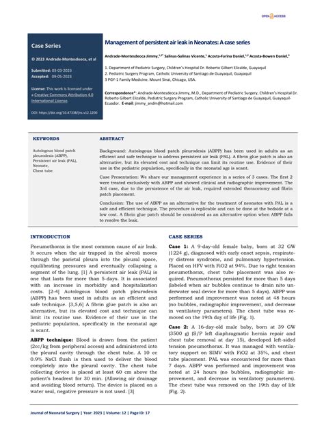 Pdf Management Of Persistent Air Leak In Neonates A Case Series