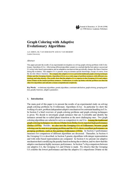 Paper 3 1998 Graph Coloring With Adaptive Evolutionary Algorithms Annotated Journal Of