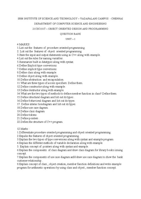 Unit 1 Question Bank Srm Institute Of Science And Technology Vadapalani Campus Chennai