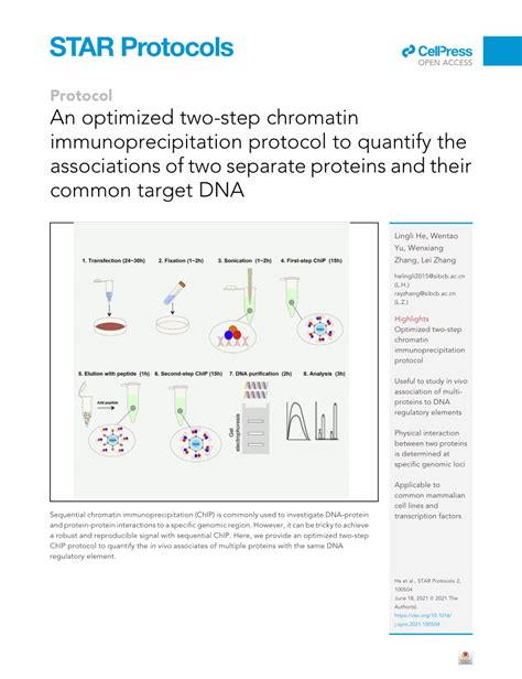Pdf An Optimized Two Step Chromatin Immunoprecipitation Protocol To Quantify The Associations