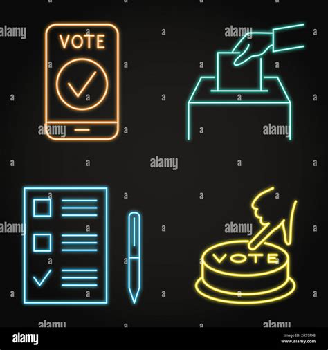 Voting And Elections Neon Icon Set Vote Button Ballot Box And Paper