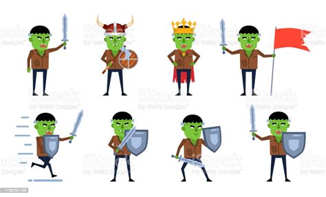 다양 한 상황에서 포즈를 취한 중세 무기와 좀비 캐릭터의 집합입니다 칼로 공격 하는 재미 있는 언 데드 전사 왕관과 함께 포즈와