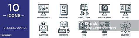 온라인 교육 개요 아이콘 세트에는 얇은 라인 온라인 코스 오디오 코스 팟 캐스트 E러닝 채팅 교육 보고서 프리젠 테이션 다이어그램 웹 디자인을위한 E러닝 아이콘이 포함됩니다