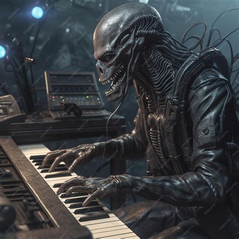 Premium Ai Image A Man Playing A Keyboard With A Alien On It