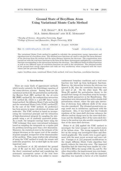 Pdf Ground State Of Beryllium Atom Using Variational Monte Carlo Method