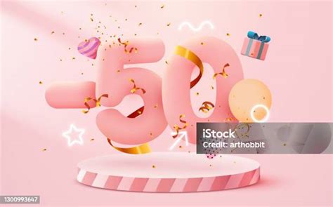 50 할인 크리에이티브 컴포지션 장식 용 물건 하트 모양의 풍선 황금 색종이 연단 및 선물 상자가있는 3d 판매 기호 판매 배너 및 포스터 3차원 형태에 대한 스톡 벡터