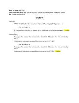 API Spec 6D Errata 10 API Standards Store