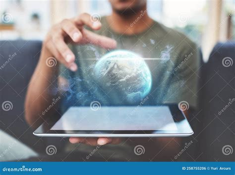Hologram Global And Tablet With Hands Of Man For Technology Abstract Augmented Reality And