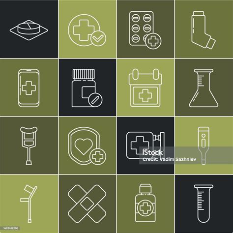 세트 라인 시험관 및 플라스크 의료용 디지털 온도계 물집 팩의 알약 약병 알약 병원에 긴급 휴대 전화 통화 또는 태블릿 및 의사 약속 아이콘 벡터 1위에 대한 스톡 벡터