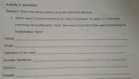 Solved Activity 3 Agonsa Direction Solve The Word Problem Using The