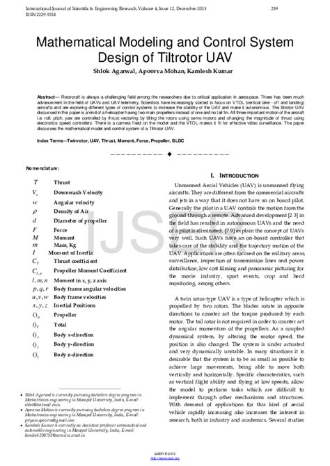 Pdf Mathematical Modeling And Control System Design Of Tiltrotor Uav