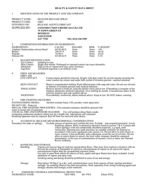 Silicone Lubricant Health Safety Technical Data Sheet