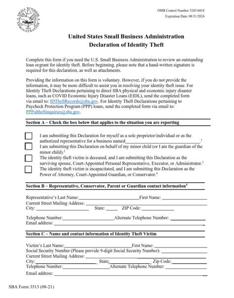 Sba Form 3513 Declaration Of Identity Theft Origin Form Studio