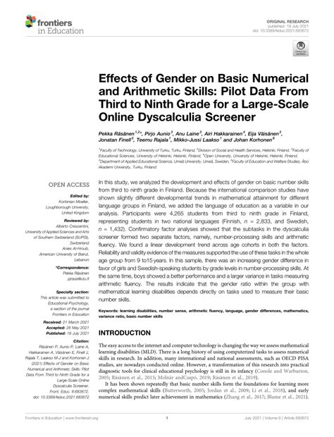 Pdf Effects Of Gender On Basic Numerical And Arithmetic Skills Pilot