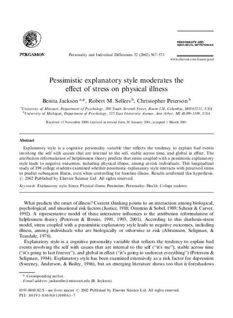 Pessimistic Explanatory Style Moderates The Effect Of Stress On