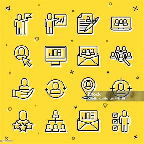 라인 이력서 헤드 헌팅 검색 작업에 대한 돋보기 검색 작업자 깃발을 들고 있는 남자 및 프로젝트 팀 기본 아이콘을 설정합니다 벡터 개념에 대한 스톡 벡터 아트 및 기타