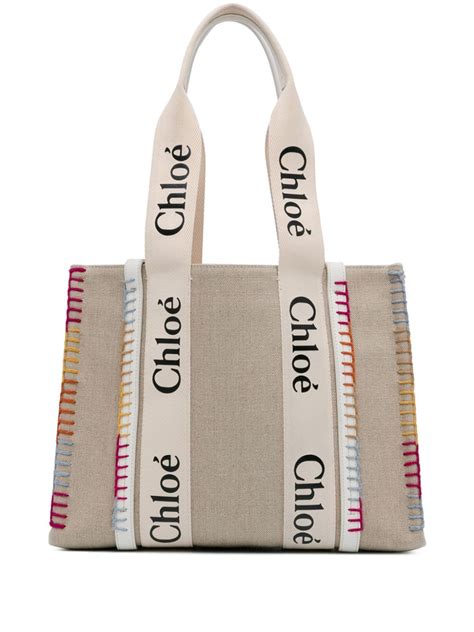Chloé Pre Owned 2022 Medium Linen Blanket Stitched Woody Tote Bag