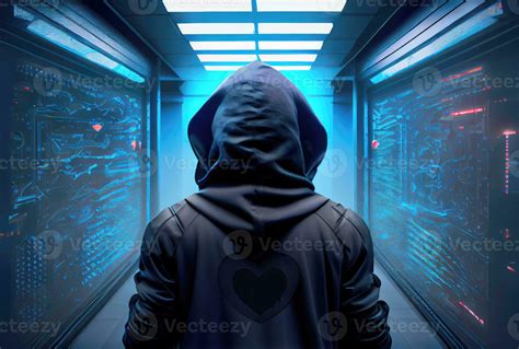 Hacker In The Black Hood In The Server Room Unrecognizable People Technology And Cybersecurity