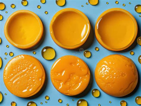 Yellow Circular Objects On A Blue Surface With Water Droplets Stock Image Image Of Vibrant