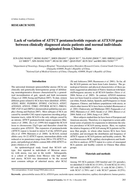 Pdf Lack Of Variation Of Attct Pentanucleotide Repeats At Atxn10 Gene Between Clinically