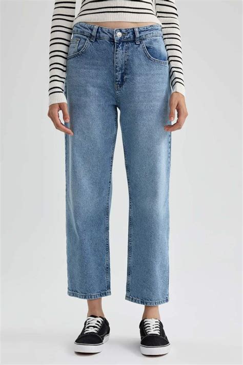 أزرق حريمي بنطلون جينز بوي فريند وخصر عادي 2939046 Defacto