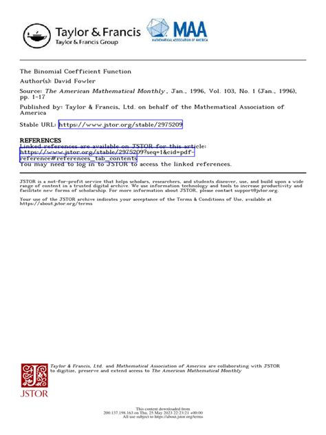Story The Binomial Coefficient Function Pdf Function Mathematics