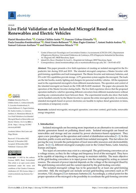 Pdf Live Field Validation Of An Islanded Microgrid Based On Renewables And Electric Vehicles