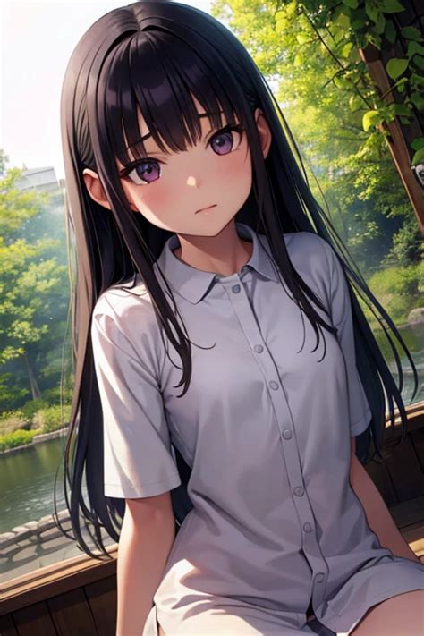 스와노 시오리라는 아름다운 12세 소녀 상세한 얼굴 특징 순진한 표현 길게 흐르는 머리카락 누드 초상화 Seaart Ai