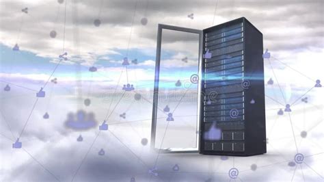 Server Rack With Open Door Cloud Computing Network Animation Over Sky Background Stock Video