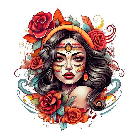 Tattoo Style Portrait Of Chicano Girl Mexican Woman With Flowers Art Isolated Premium Ai