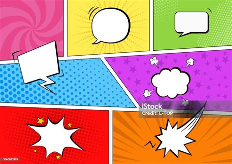 화려한 만화 배경입니다 다양 한 도형의 빈 흰색 연설 거품 광선 방사형 하프톤 점선 효과 벡터 일러스트 레이 션 팝 아트 스타일 슈퍼히어로에 대한 스톡 벡터 아트 및 기타