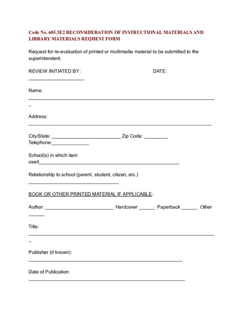 Fillable Online 605 3e2 Reconsideration Of Instructional Materials And Library Materials Reqhest