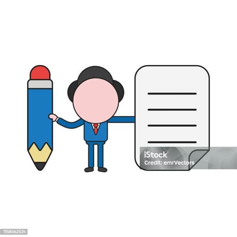 연필과 서면 종이를 들고 사업가 캐릭터의 벡터 그림 색상 및 검은색 윤곽선 개념에 대한 스톡 벡터 아트 및 기타 이미지 개념 경영자 공란 Istock