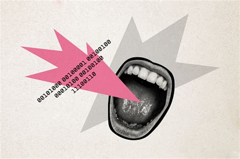 복합 경향 삽화 스케치 영상 사진 콜라주 입 입술 수다 이야기 연설 조각 얼굴 화려한 목소리 비명 논쟁하다 번호 데이터 암호 강렬하고 밝은 색상에 대한 스톡 사진 및 기타