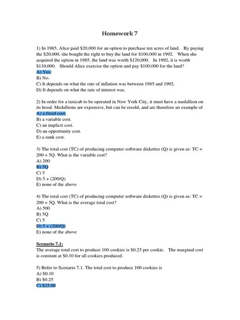 Homework Chapter7 Pdf Average Cost Marginal Cost