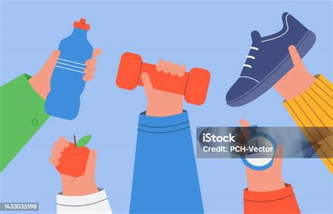 Стокова ілюстрація Руки Що Тримають Здорову Їжу Та Тренажери — Завантажте зображення зараз