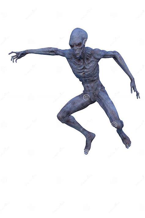 3d Illustration Of A Blue Grey Skinned Alien Creature Jumping Stock