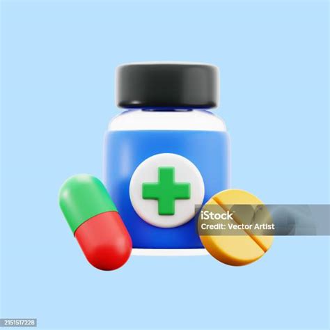 약학 치료 및 약국 상징 의료 병원 3d 아이콘 일러스트 디자인을 렌더링 용 캡슐 약 알약 유리 병 3차원 형태에 대한 스톡