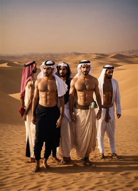 Lexica A Group Of Shirtless Arabian Men Standing In The Desert In