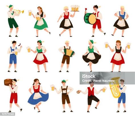옥토버페스트는 바이에른 전통 의상을 입은 인물들이 악기를 연주하고 맥주잔을 들고 큰 벡터 세트를 들고 있다 맥주 축전에 대한 스톡 벡터 아트 및 기타 이미지 Istock