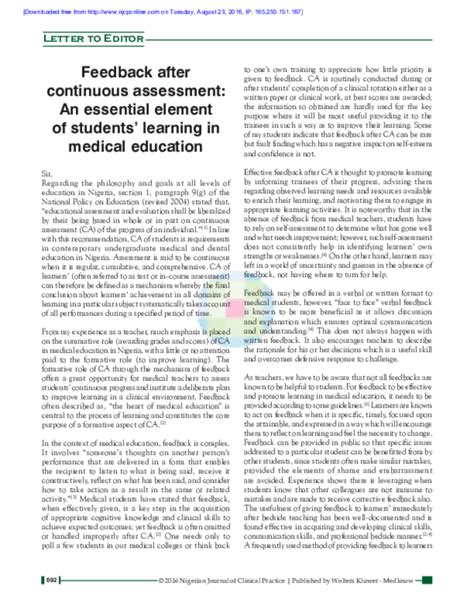 Pdf Feedback After Continuous Assessment An Essential Element Of