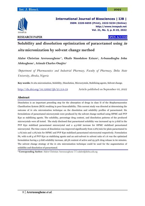 Solubility And Dissolution Optimization Of Paracetamol Using In Situ