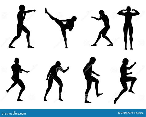 Silhouette Of Young Man Fight Poses Vector Set Of Cutouts