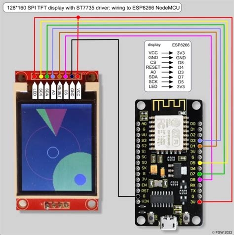 esp8266 microcontroller wired to an 128 60 spi tft display with st7735s